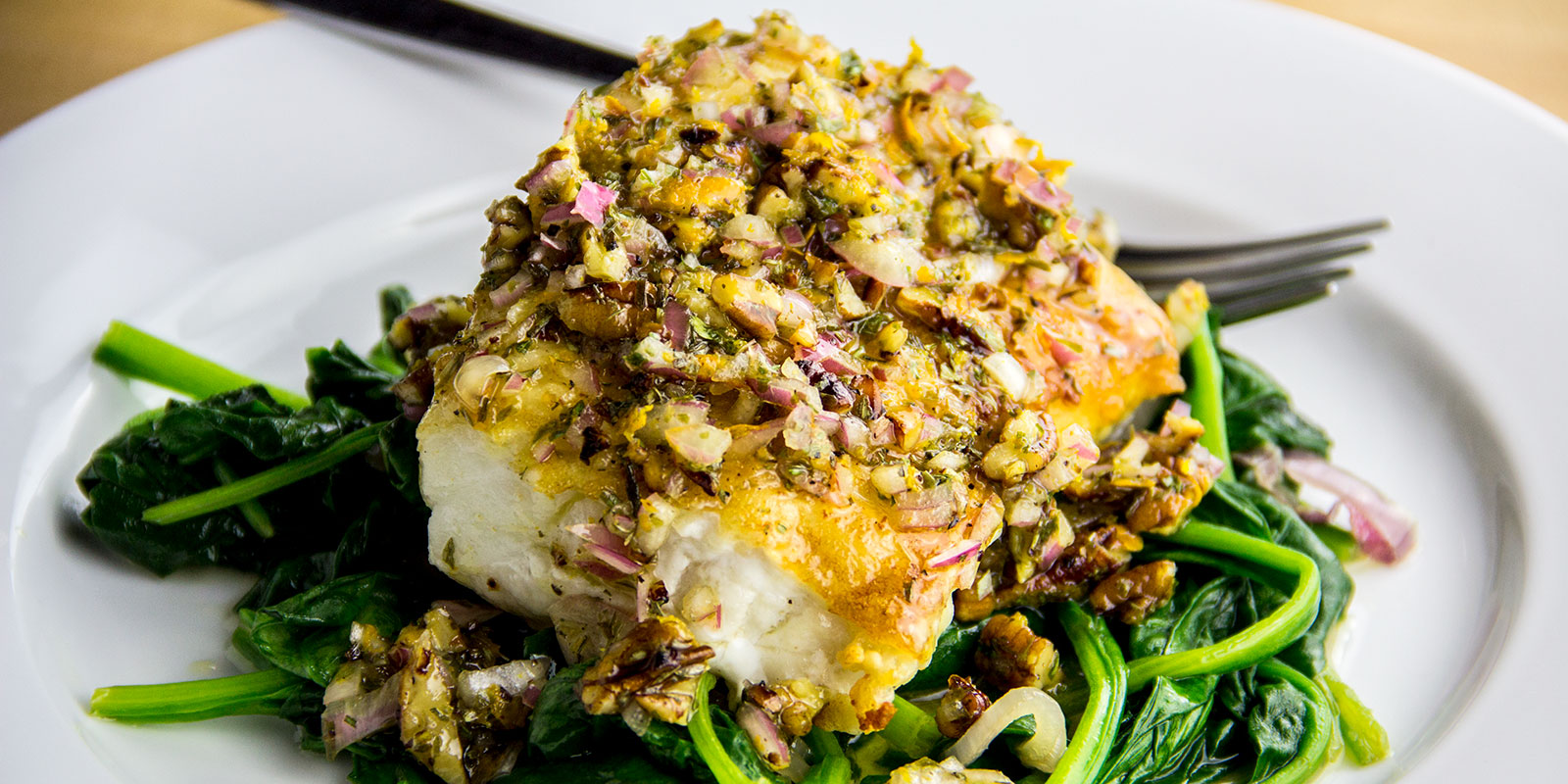 Cod & Spinach with Orange Roasted Pecan Vinaigrette Recipe by Curtis ...